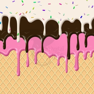 Waffle Cone Digital Paper - Dripping Chocolate and Strawberry Ice Cream ...