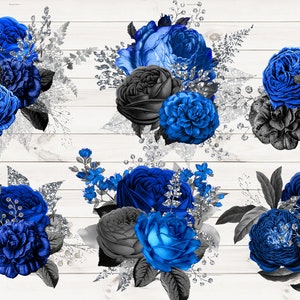 Royal Black and Silver Floral Clipart, Royal Blue Flower Bouquets Black ...