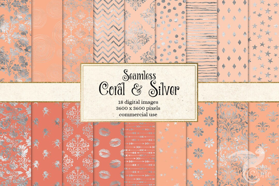 Coral and Silver Digital Paper, Seamless Coral Peach and Silver Foil ...