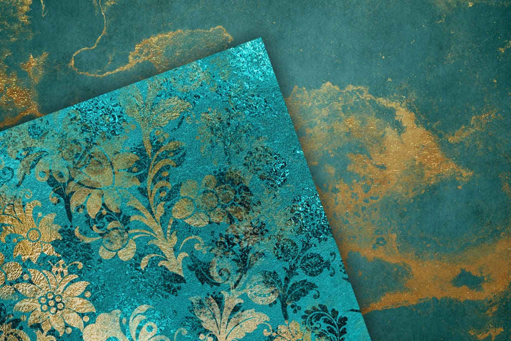 Distressed Teal and Gold Digital Paper Gold Foil Patterns - Etsy