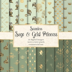 Sage and Gold Princess Digital Paper, Seamless Mint Green Princess ...
