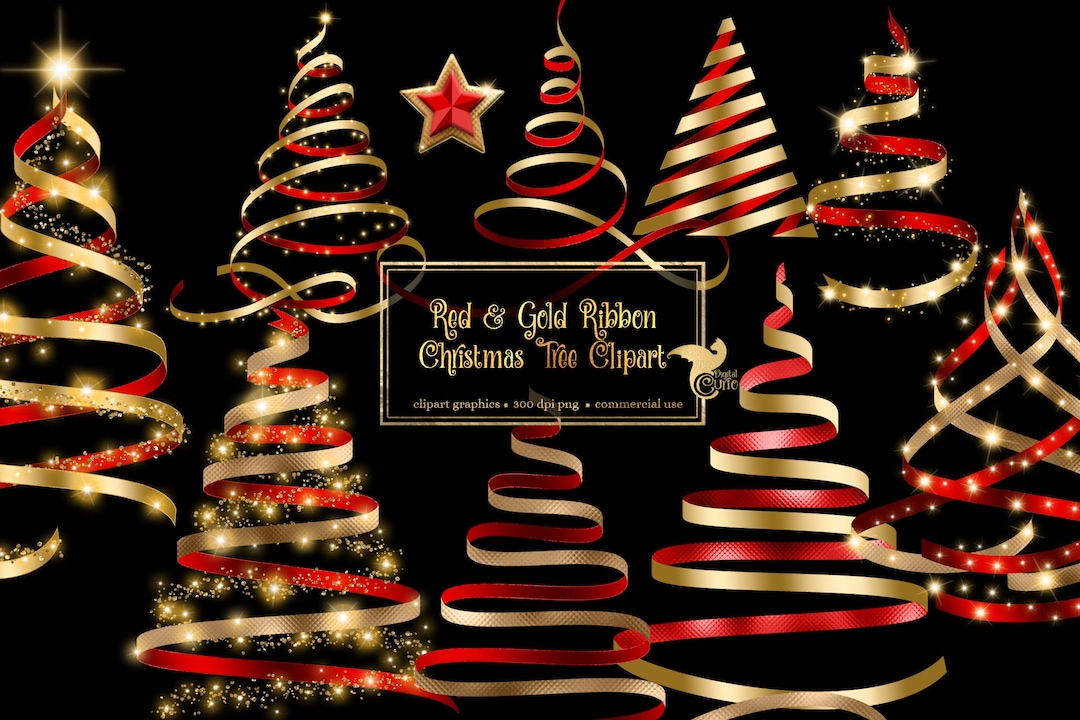 Red and Gold Ribbon Christmas Tree Clip Art - Digital Holiday Glitter ...