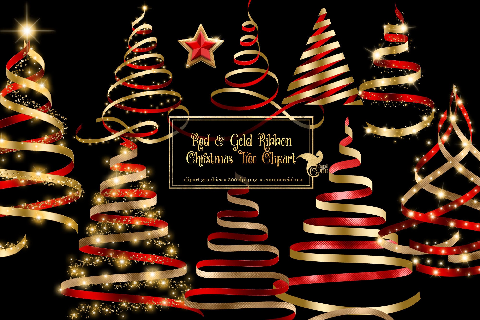 Red and Gold Ribbon Christmas Tree Clip Art Digital Holiday - Etsy