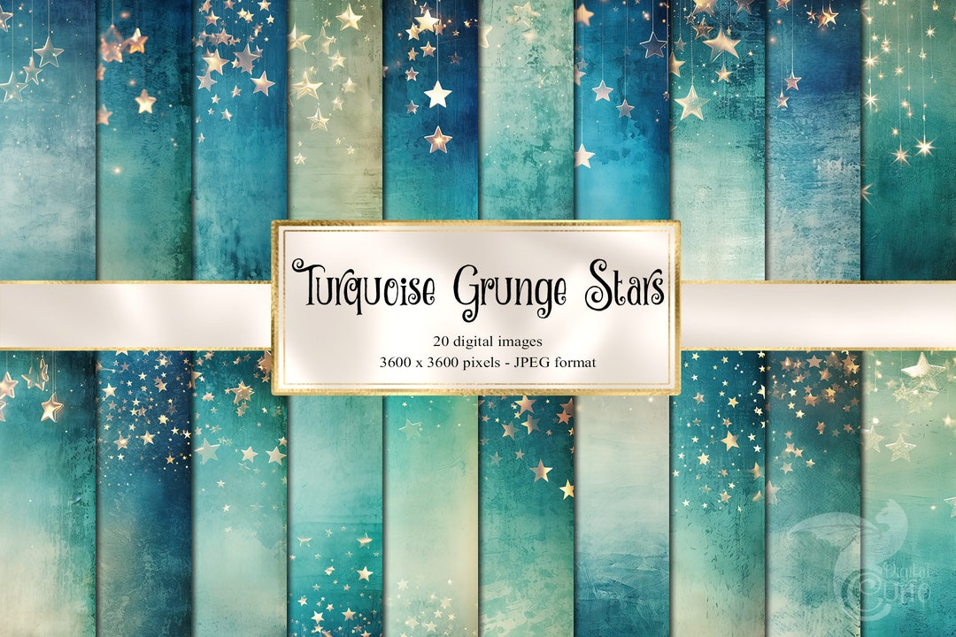 Turquoise Grunge Stars Digital Paper, Golden Starry Night Digital ...