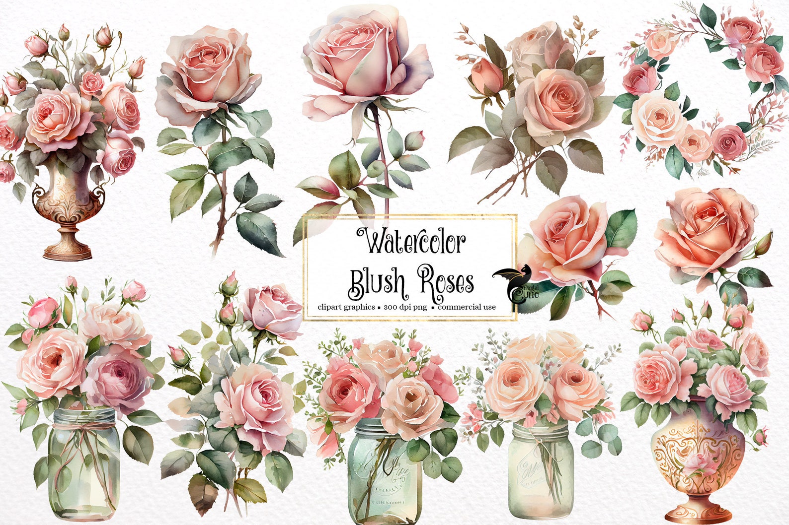 Watercolor Blush Pink Roses Clipart Pastel Roses and Leaves in PNG ...