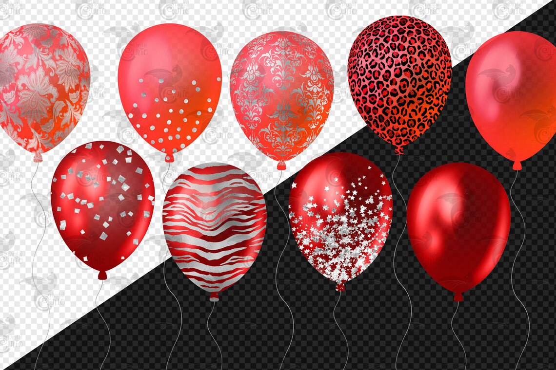 Red and Silver Balloons Clipart, Glitter Balloon Png Digital Overlays ...