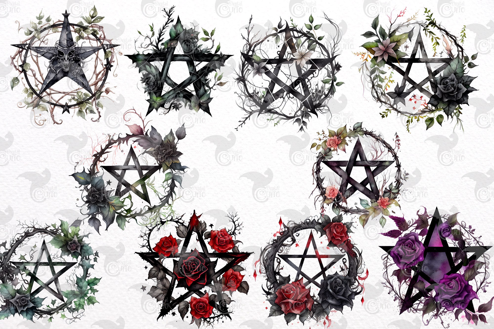 Watercolor Gothic Pentacle Clipart - Floral Pentagram Occult PNG Format ...