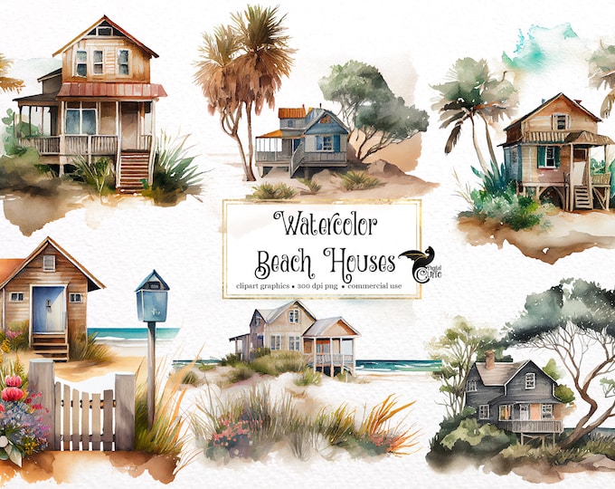Watercolor Beach Houses Clip Art Collection - Coastal Watercolor ...