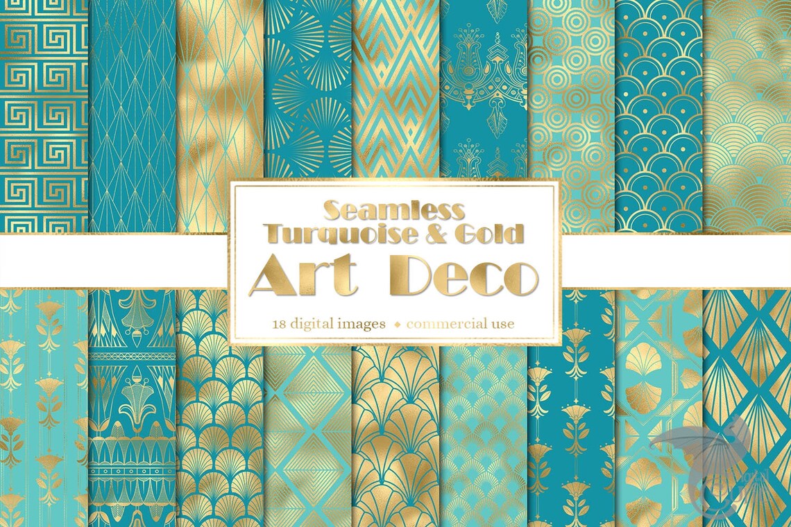 Turquoise and Gold Art Deco Digital Paper Seamless Deco - Etsy