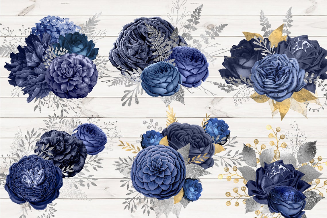 Navy Silver and Gold Floral Clipart Bouquets and Botanical - Etsy