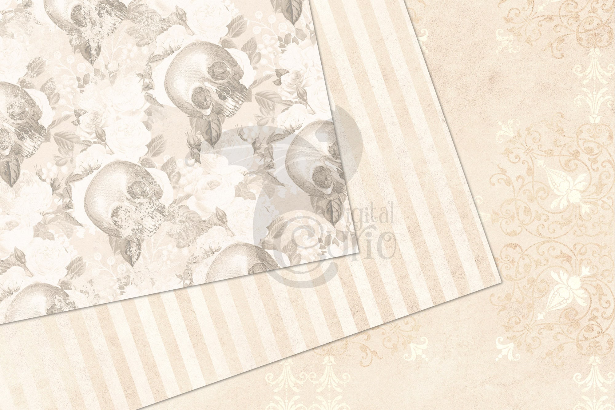 Ivory Gothic Digital Paper, Seamless Skull Damask Halloween Scrapbook ...