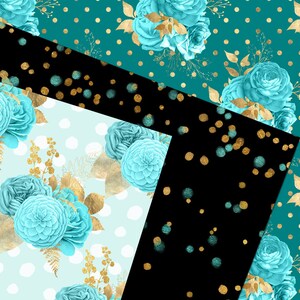 Aqua and Gold Floral Digital Paper, Teal and Gold Printable Scrapbook ...