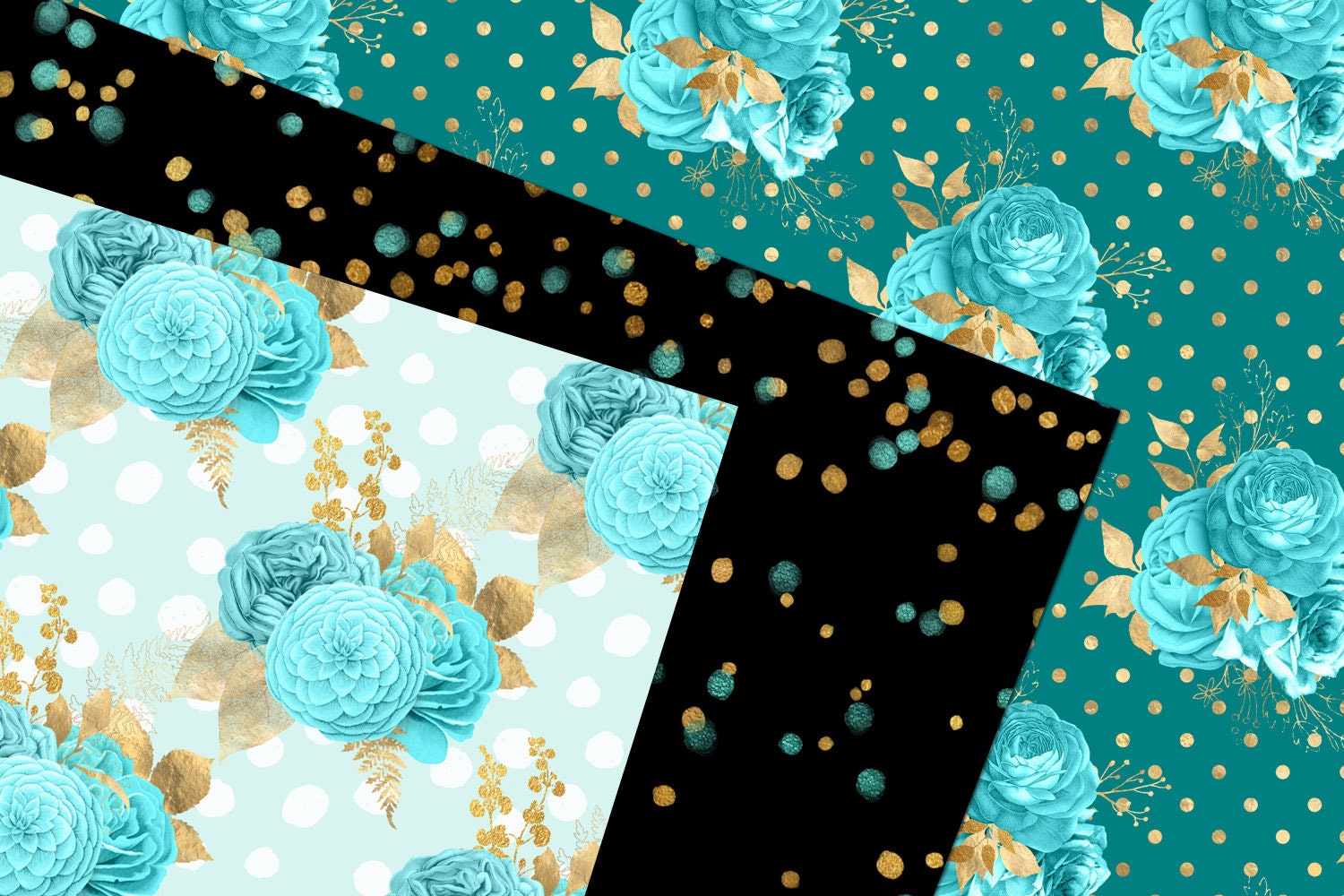 Aqua and Gold Floral Digital Paper, Watercolor Flower Backgrounds ...