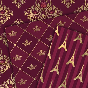 Burgundy and Gold Paris Digital Paper, Seamless French Pattern, With ...