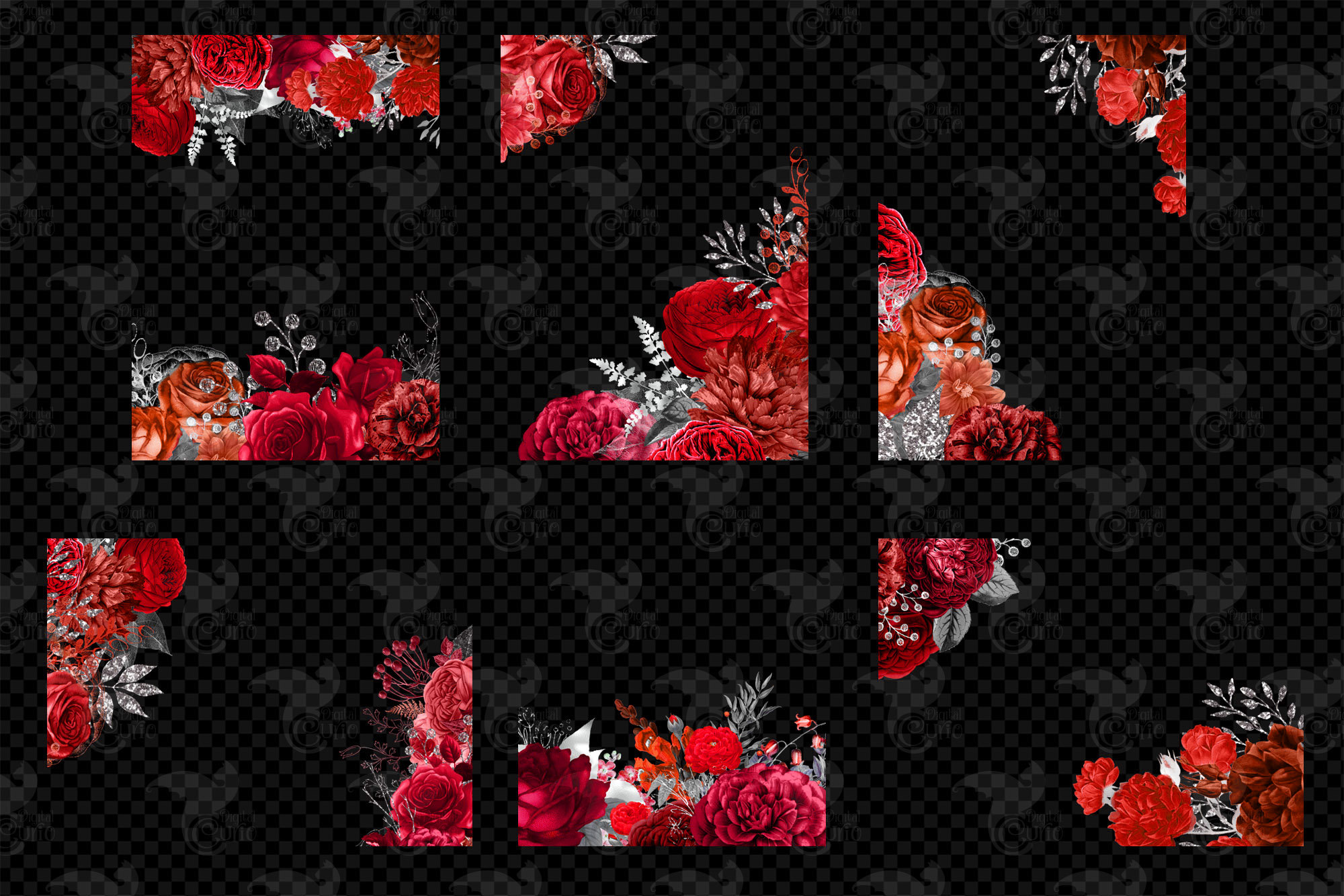 Red Silver Floral Overlays, Vintage Flower Clipart (5x7, Digital ...