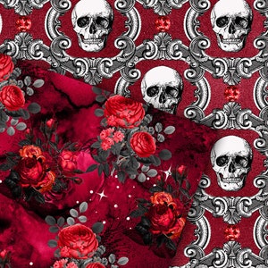 Seamless Red Gothic Digital Paper, Skull Damask Halloween Scrapbook ...
