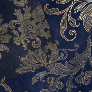 Navy Floral Velvet Digital Paper, Seamless Gold Damask Flower Patterns ...