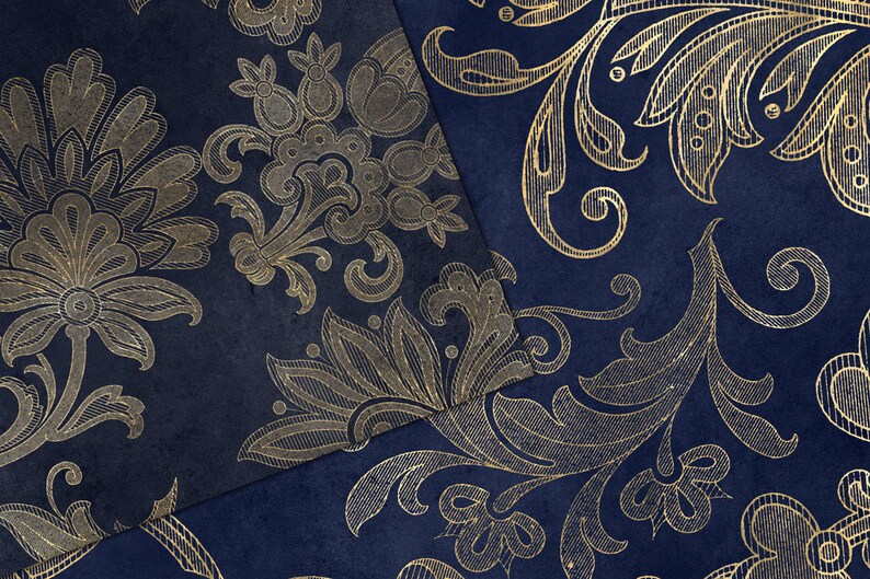 Navy Floral Velvet Digital Paper seamless gold damask flower | Etsy
