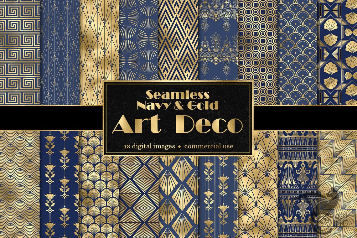 Navy and Gold Art Deco Digital Paper, Seamless Geometric Patterns ...
