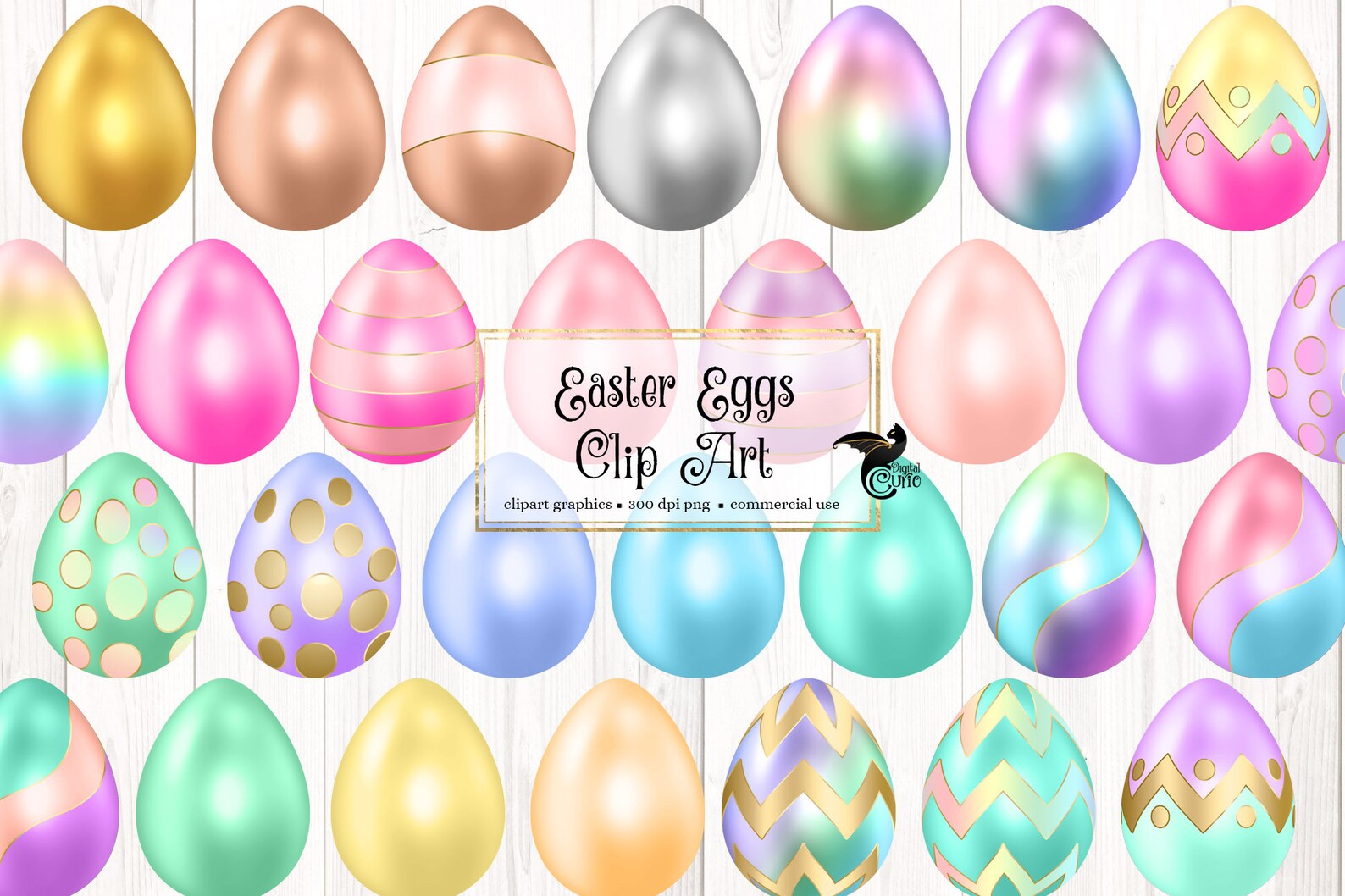 Easter Eggs Clipart, Pastel Rainbow and Gold Eggs Instant Download for ...