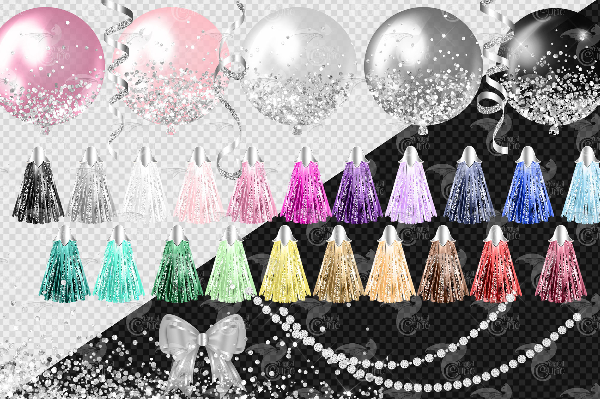 Silver Glitter Tassel Balloons Clipart Digital Clip Art - Etsy