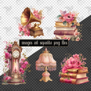 Watercolor Pink Antique Clipart - Vintage Shabby PNG Format Instant ...