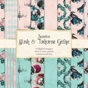 Blush and Turquoise Gothic Digital Paper, Seamless Skull Pattern ...