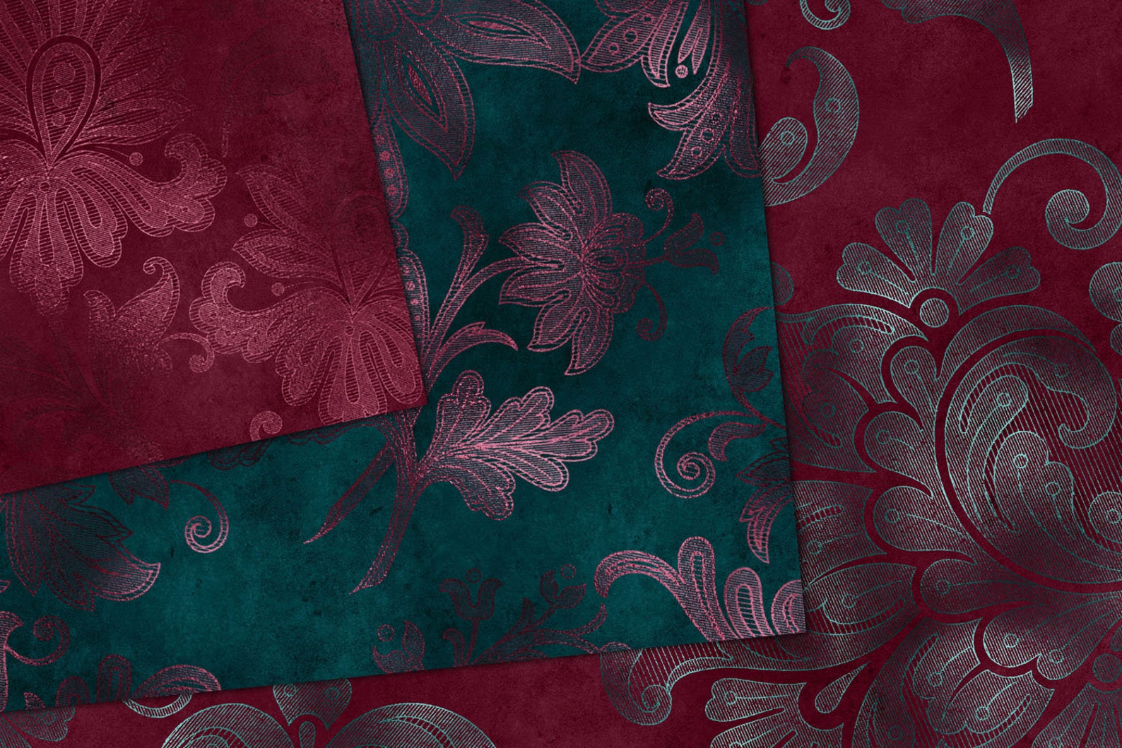 Teal and Burgundy Floral Velvet Digital Paper Seamless Damask | Etsy
