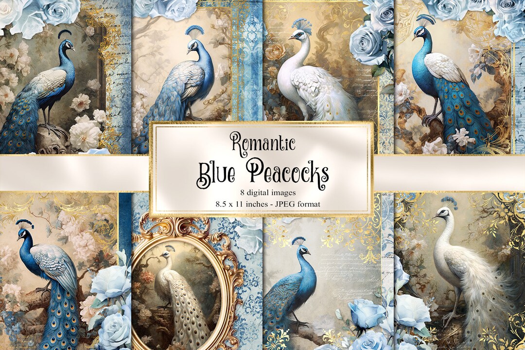 Blue Peacock Digital Paper, Romantic Rococo Scrapbook Pages (digital ...