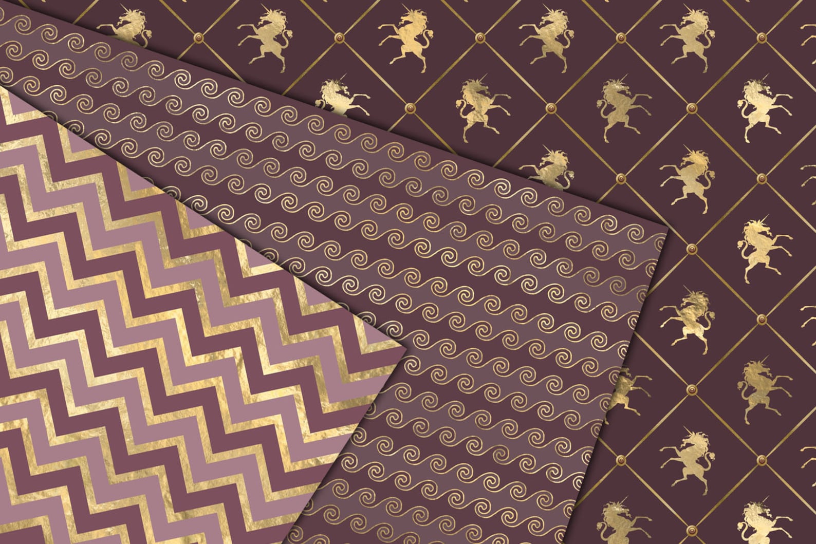 Mauve and Gold Digital Paper Seamless Patterns With Purple | Etsy