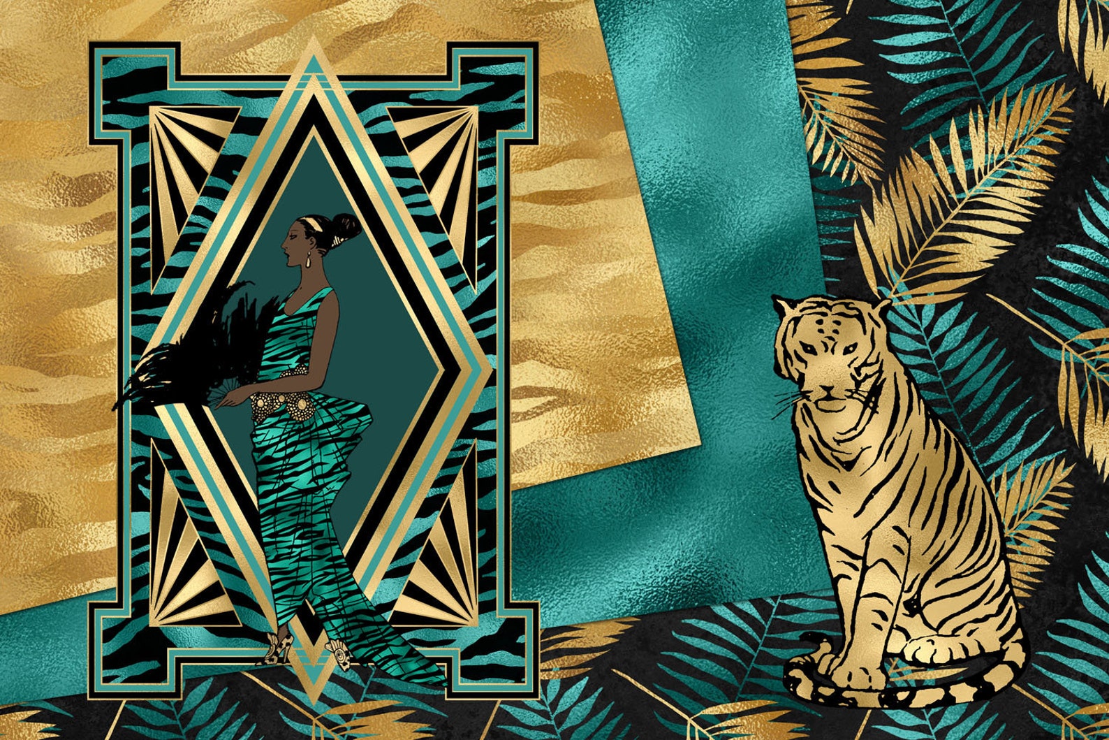 Teal and Gold Tiger Digital Paper Seamless Tiger Stripe | Etsy