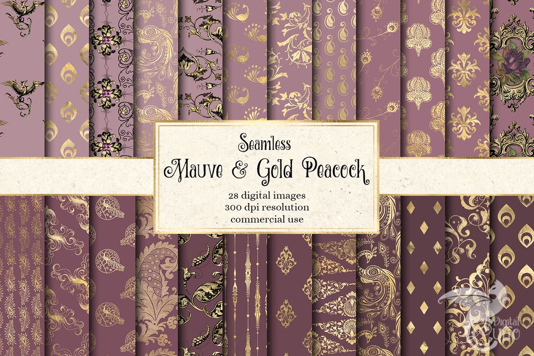 Mauve and Gold Peacock Digital Paper, Seamless Gold Peacock Patterns ...