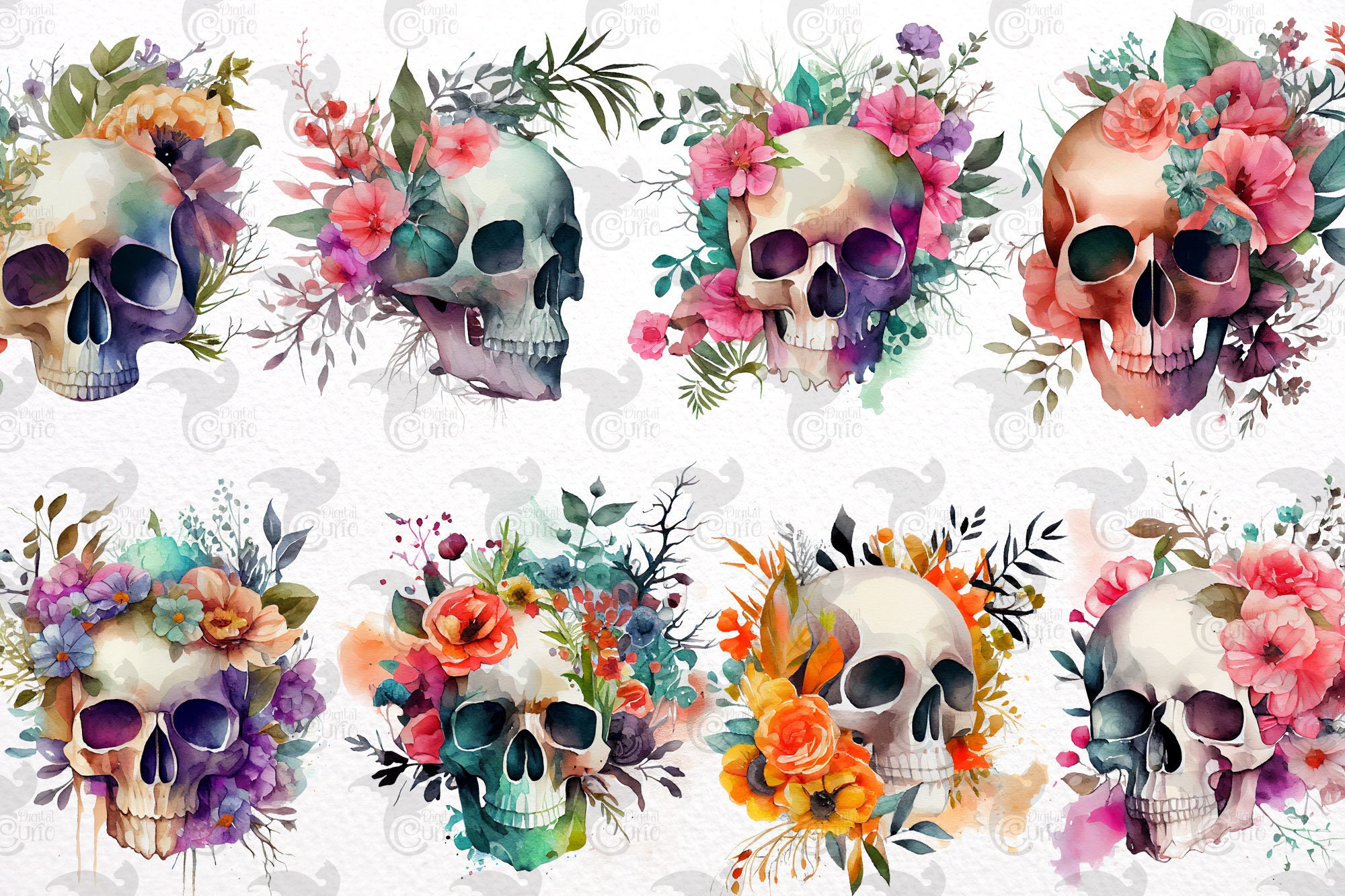 Watercolor Floral Skulls Clipart Flower Skulls Watercolor in - Etsy