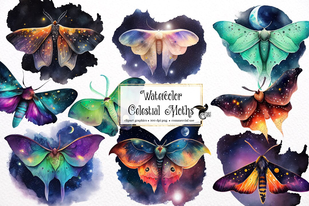 Watercolor Galaxy Moth Clipart – Celestial Fantasy PNG (digital ...