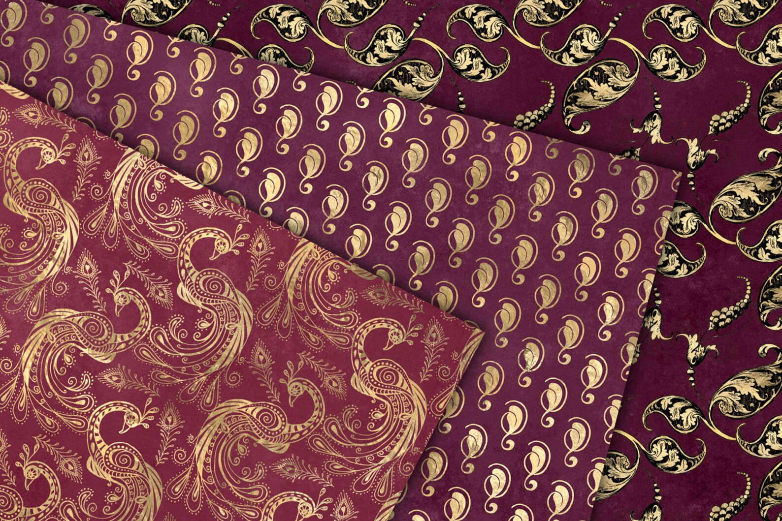 Burgundy and Gold Peacock Digital Paper Seamless Gold Peacock - Etsy