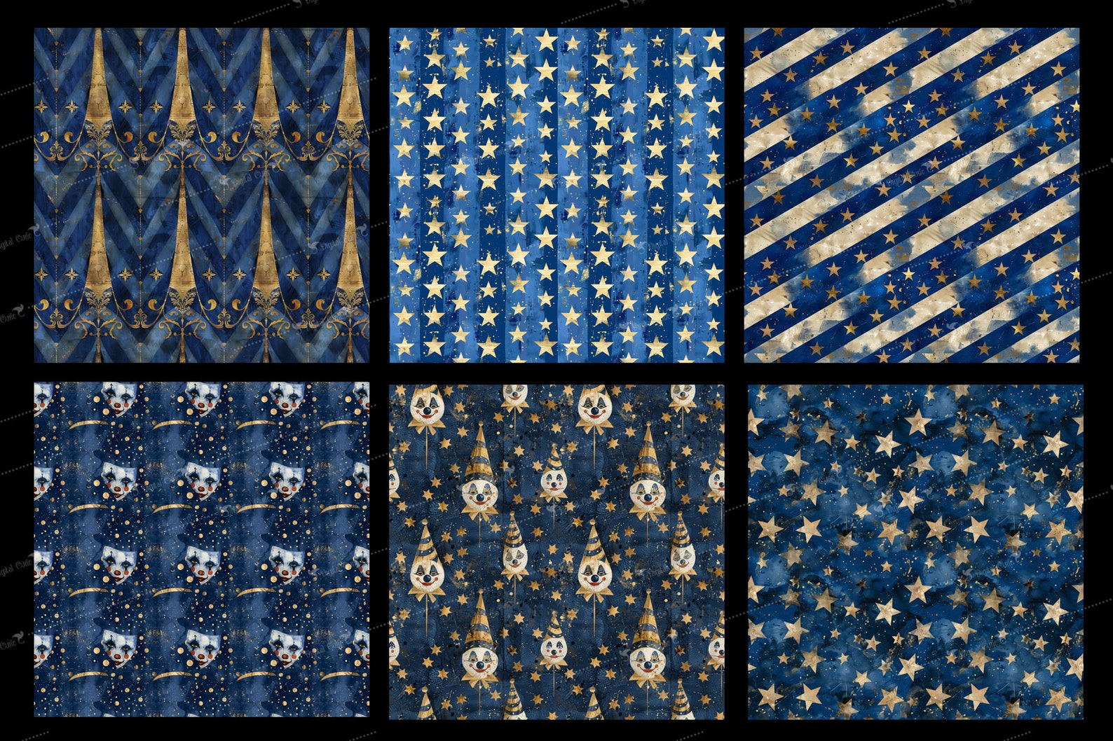 Vintage Circus Digital Paper, Blue and Gold Textures (digital Download ...
