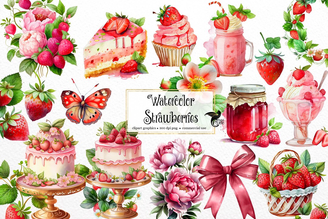 Watercolor Strawberry Clipart – Cake & Bouquet Graphics (digital ...