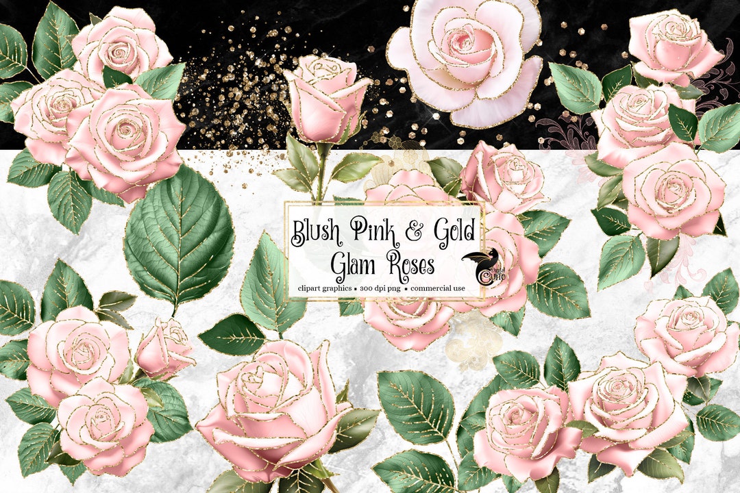 Blush Pink and Gold Rose Clip Art, Glitter Flower PNG (digital Download ...