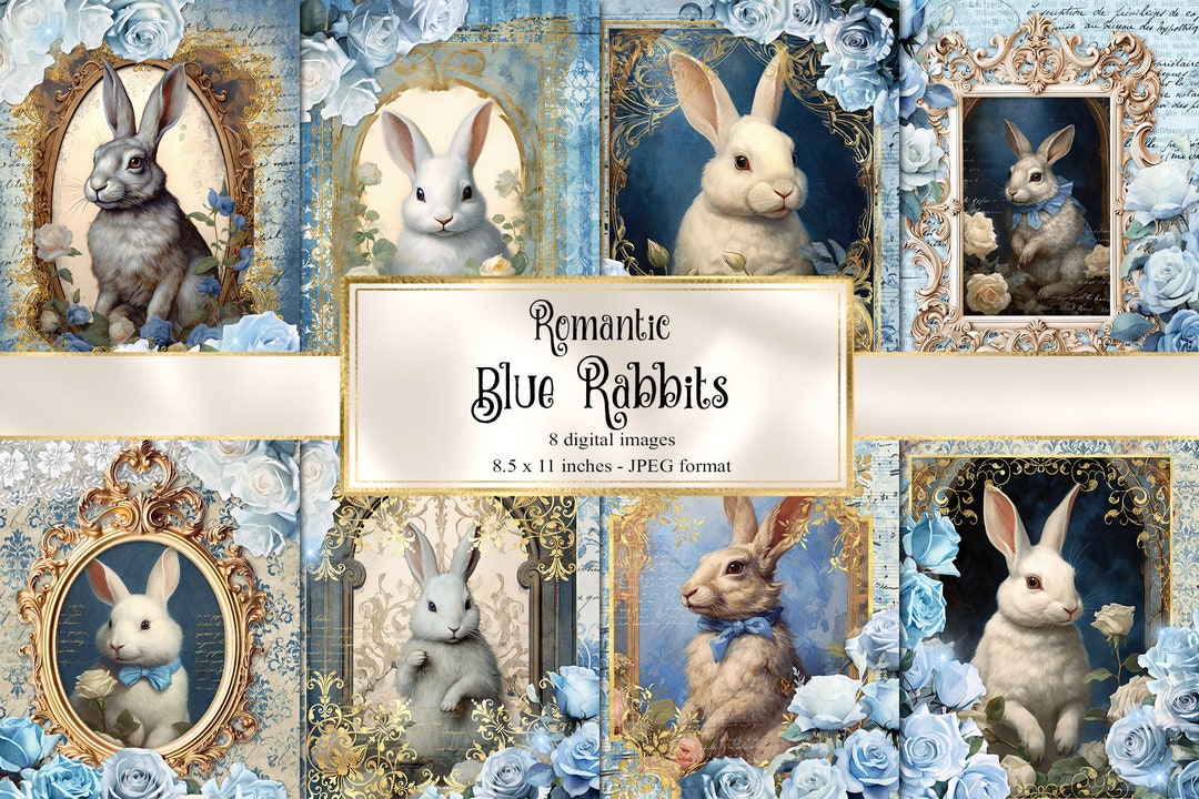 Romantic Blue Rabbits Journal Paper, Notebook Digital Paper Rococo Junk ...