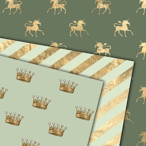 Sage and Gold Princess Digital Paper, Seamless Mint Green Princess ...