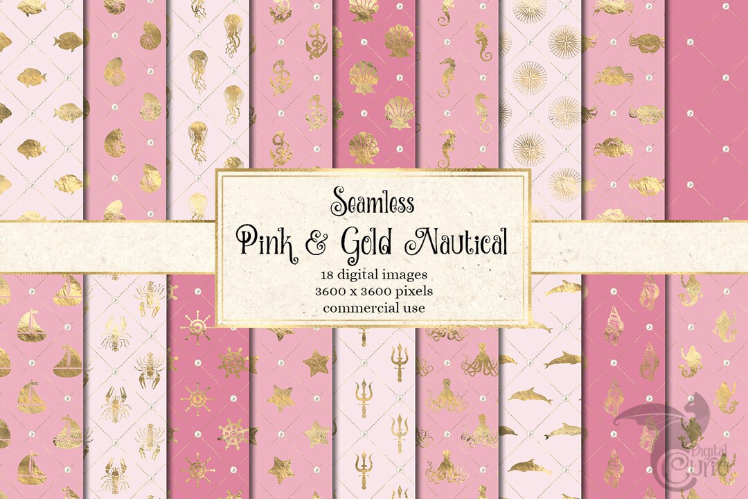Pink and Gold Nautical Digital Paper, Ornate Seamless Patterns With ...
