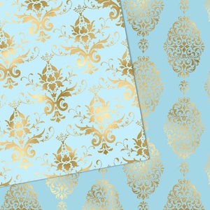 Baby Blue and Gold Damask Digital Paper, Seamless Damask Patterns ...