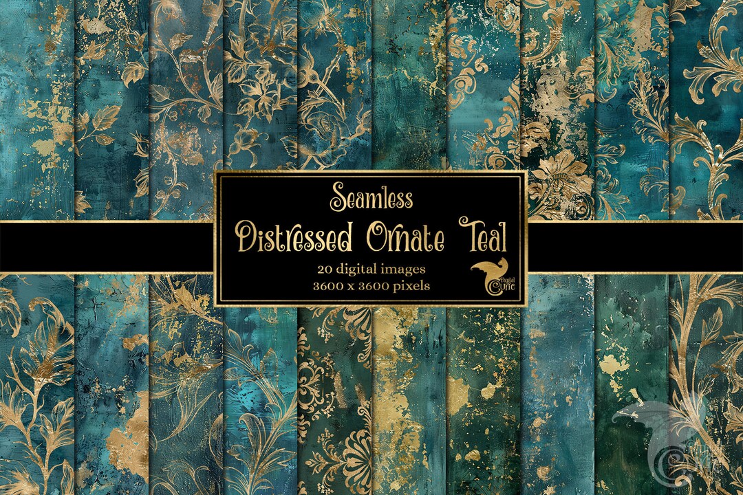 Distressed Ornate Teal and Gold Damask Digital Paper, Seamless Damask ...