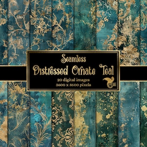 Distressed Ornate Teal and Gold Damask Digital Paper, Seamless Damask ...