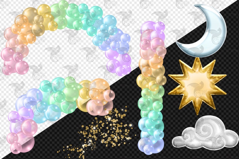 Pastel Rainbow Balloon Arch Clipart, Ribbons, Garlands (digital ...