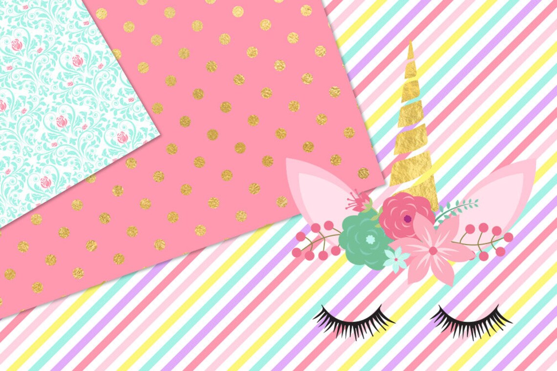 Unicorn Faces Digital Papers and Clipart Rainbow Pastel | Etsy