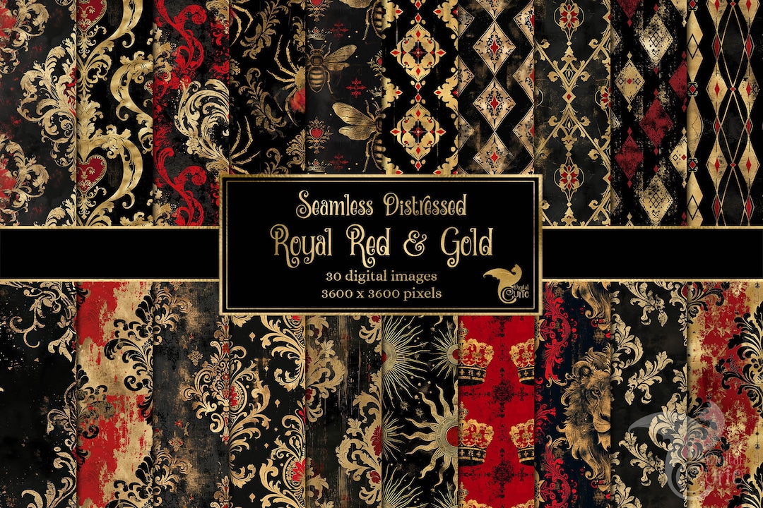 Distressed Royal Red and Gold Digital Paper - Seamless Printable ...