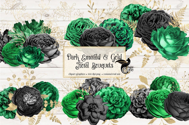 Dark Emerald and Gold Floral Bouquets Clipart Digital Instant - Etsy