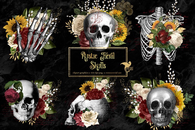 Rustic Floral Skull Elements Antique Illustrations of Human - Etsy