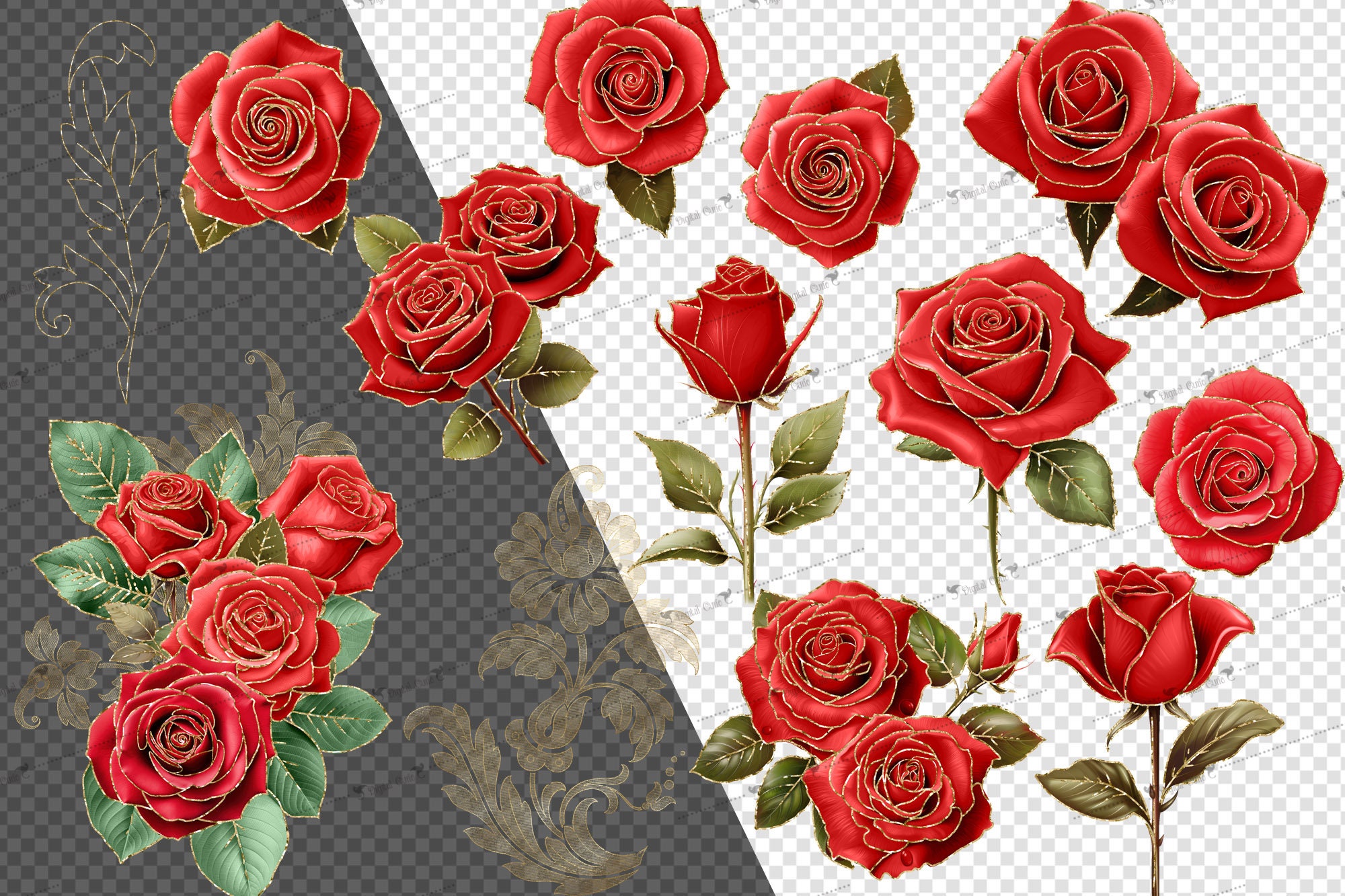 Red and Gold Rose Clip Art, Glitter Flower Embellishments (digital ...